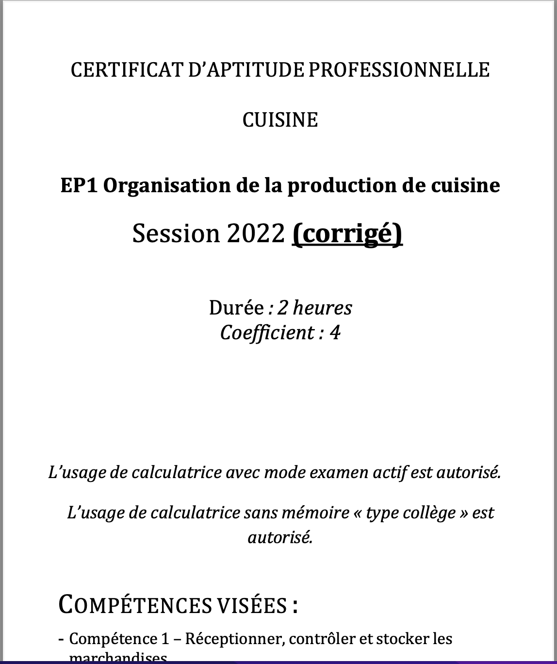 Corrigé EP1 2022 CAP cuisine - Cuisine De Base Corrigé EP1 2022 CAP cuisine - Cuisine De Base